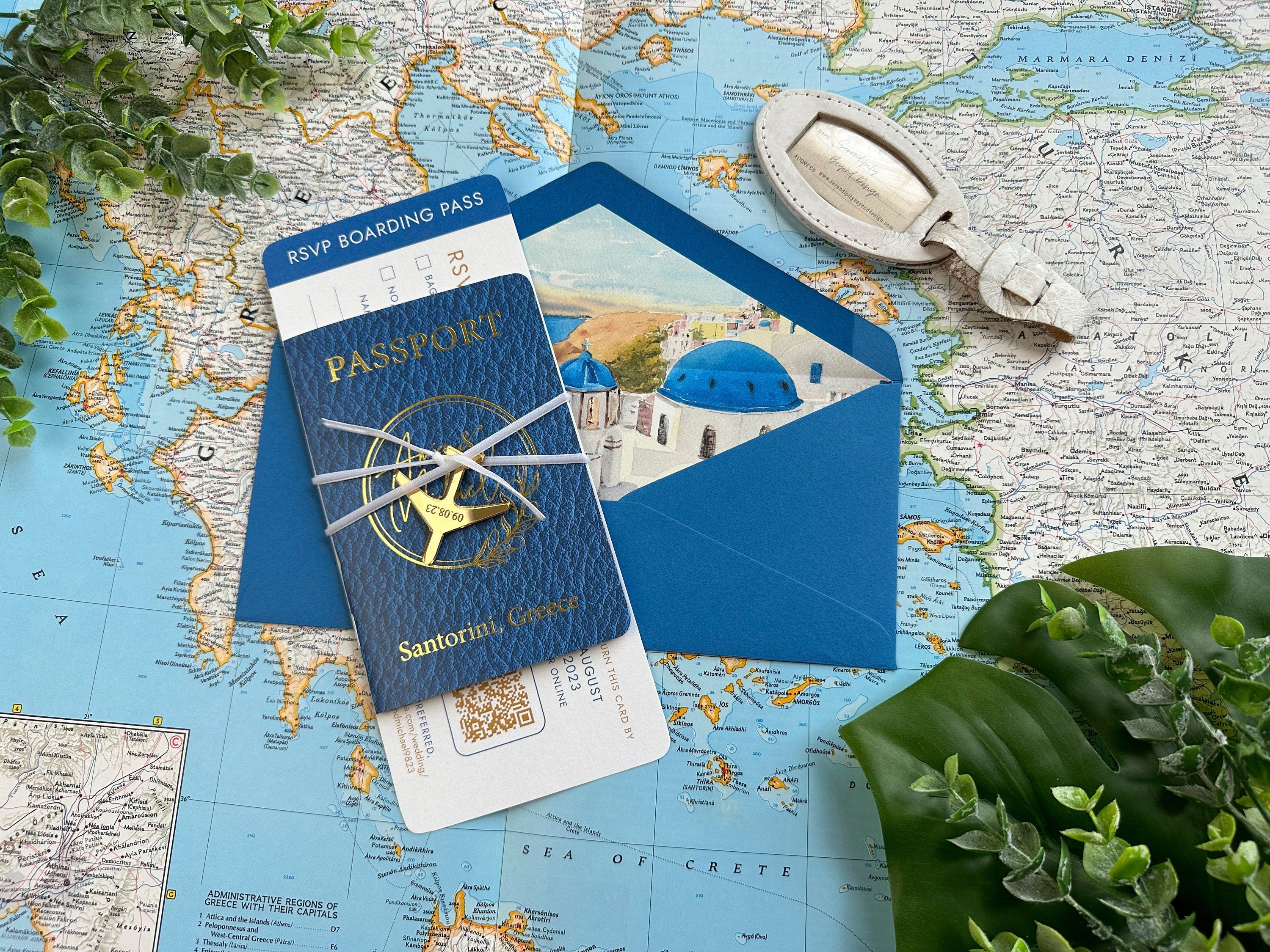 Blue and Gold Passport + Boarding Pass Wedding Invitation (Santorini ...